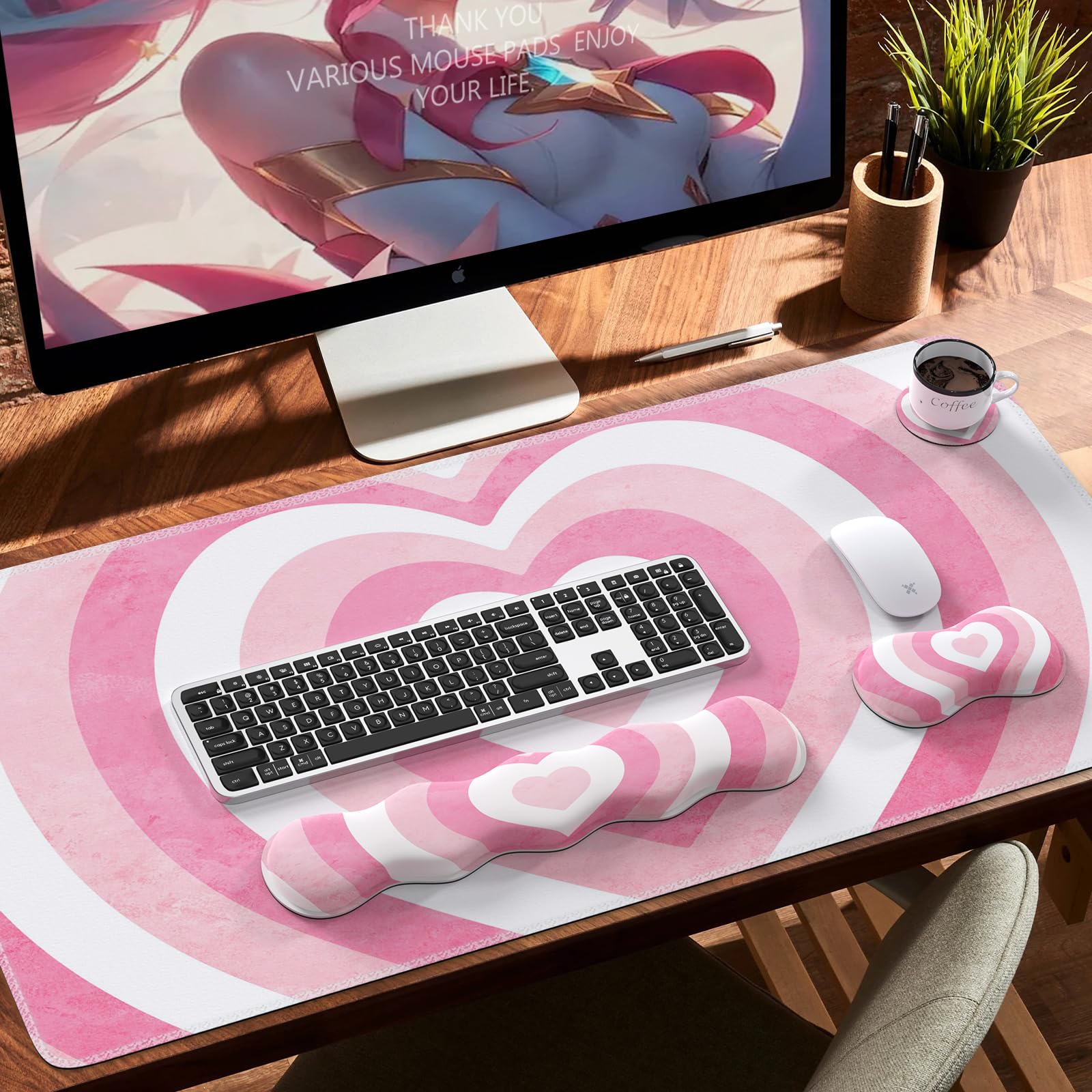 iLeadon Keyboard Mouse Pad Set, Large Gaming Mouse Pad + Keyboard Wrist Rest + Mouse Pad with Wrist Support + Coaster, Easy Typing Pain Relief, Desk Mat Set, Valentines Day Gifts for Her, Pink Heart