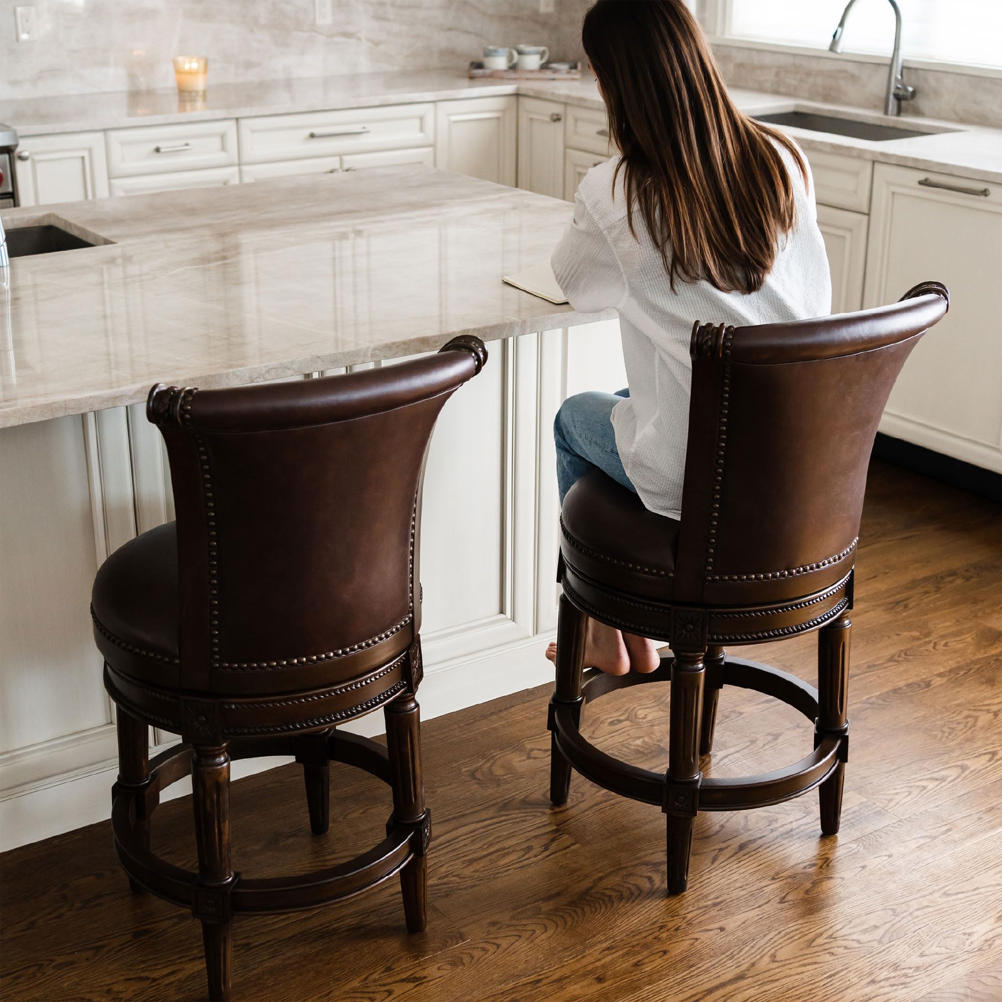 Maven Lane Pullman 26 Inch Tall Counter Height Upholstered Barstool with Back in Dark Walnut Finish with Vintage Brown Vegan Leather Cushion Seat