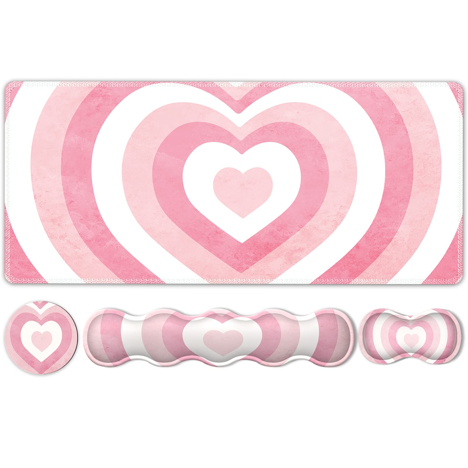 iLeadon Keyboard Mouse Pad Set, Large Gaming Mouse Pad + Keyboard Wrist Rest + Mouse Pad with Wrist Support + Coaster, Easy Typing Pain Relief, Desk Mat Set, Valentines Day Gifts for Her, Pink Heart