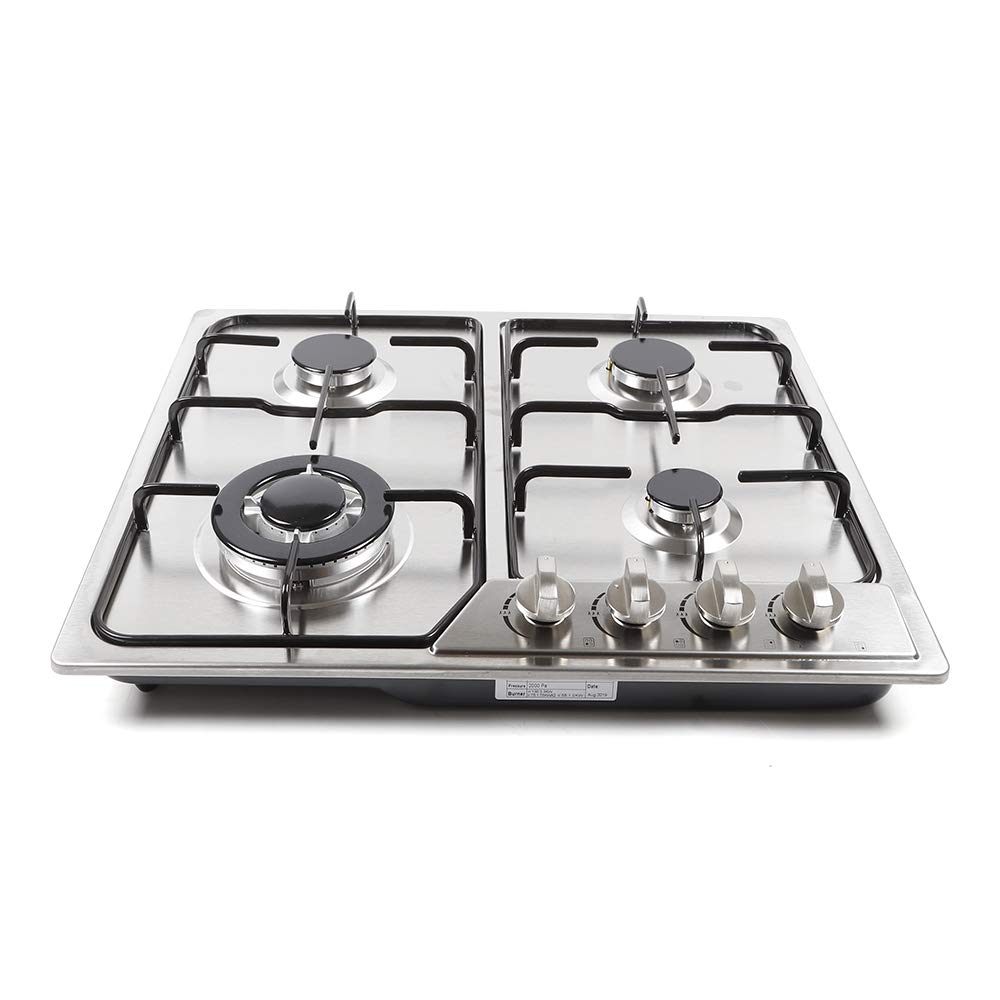 4 Burner Natural Gas Cooktop, Portable Gas Stove, Built-In Natural Gas Stove Cooker Stainless Steel Cooktop Cast Iron Grates Gas Stovetop, for Apartment, Indoor (Not Included Gas Pipe)