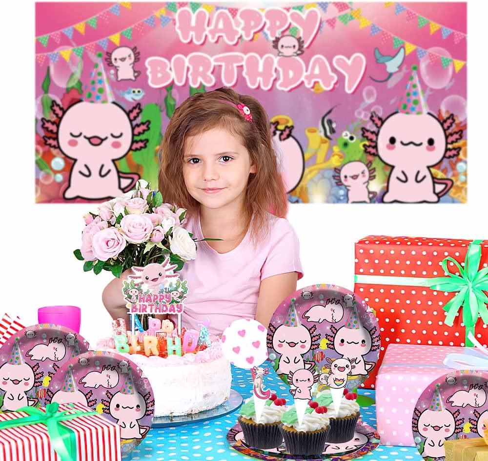 Axolotl Birthday Party Decorations Party Supplies Plates Balloons Banner Cake Toppers Plastic Cutlery Disposable Knives Forks Set Decorations Decor