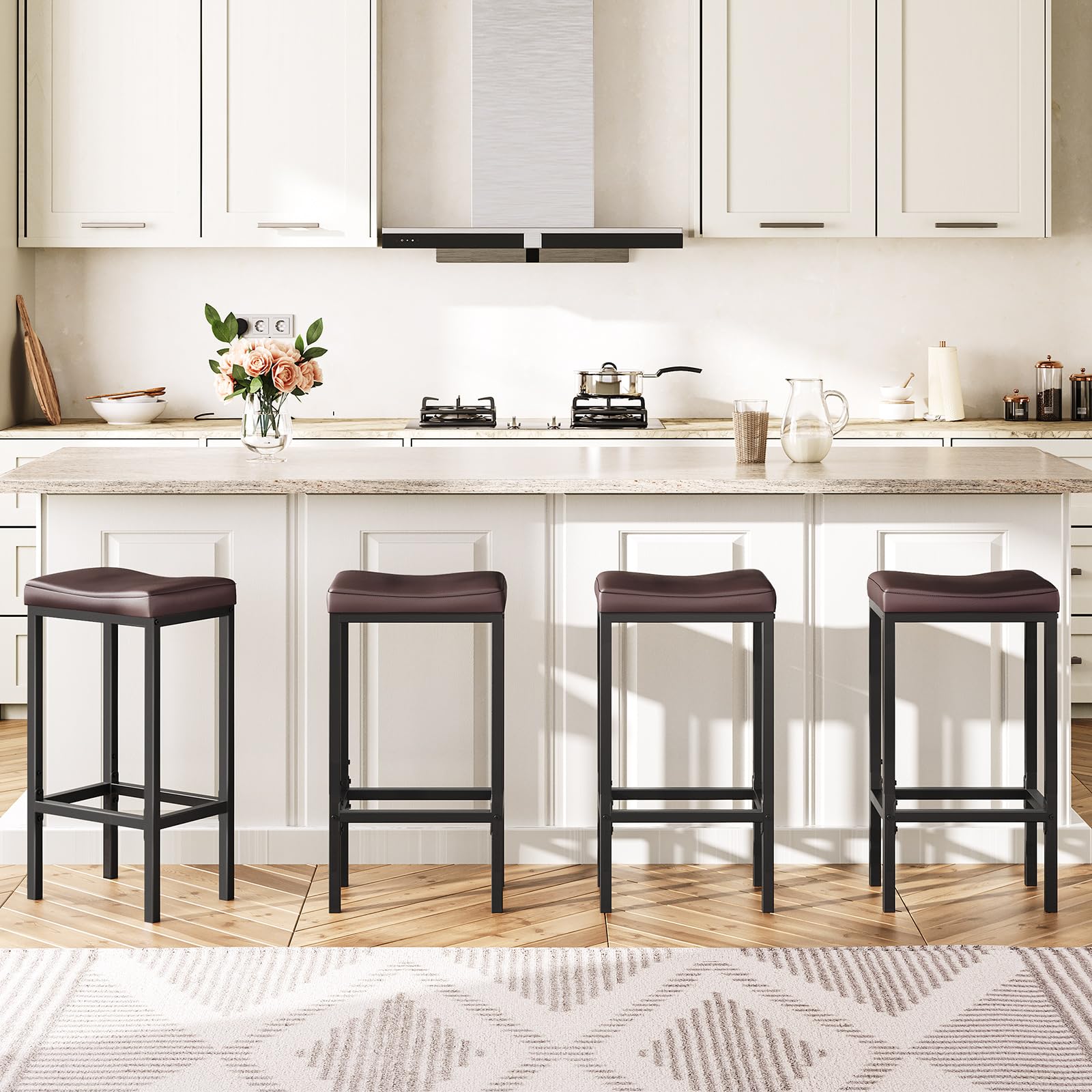 HOOBRO Bar Chairs, Set of 2 Counter Height Saddle Stools with Curved Surface, 24.8 Inches, 2.4" Thick Upholstery, for Kitchen and Dining Room, Brown and Black BC10BY01