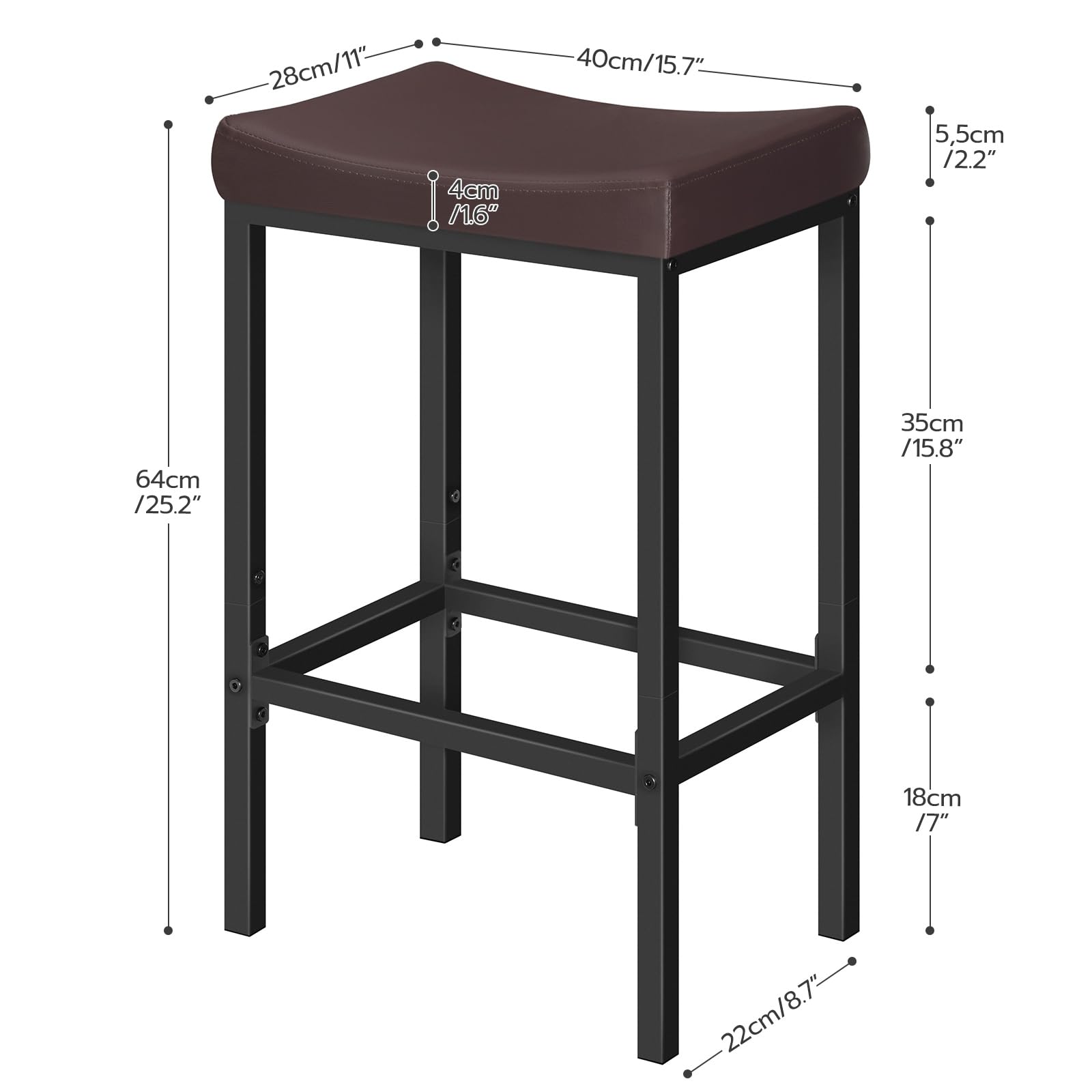 HOOBRO Bar Chairs, Set of 2 Counter Height Saddle Stools with Curved Surface, 24.8 Inches, 2.4" Thick Upholstery, for Kitchen and Dining Room, Brown and Black BC10BY01