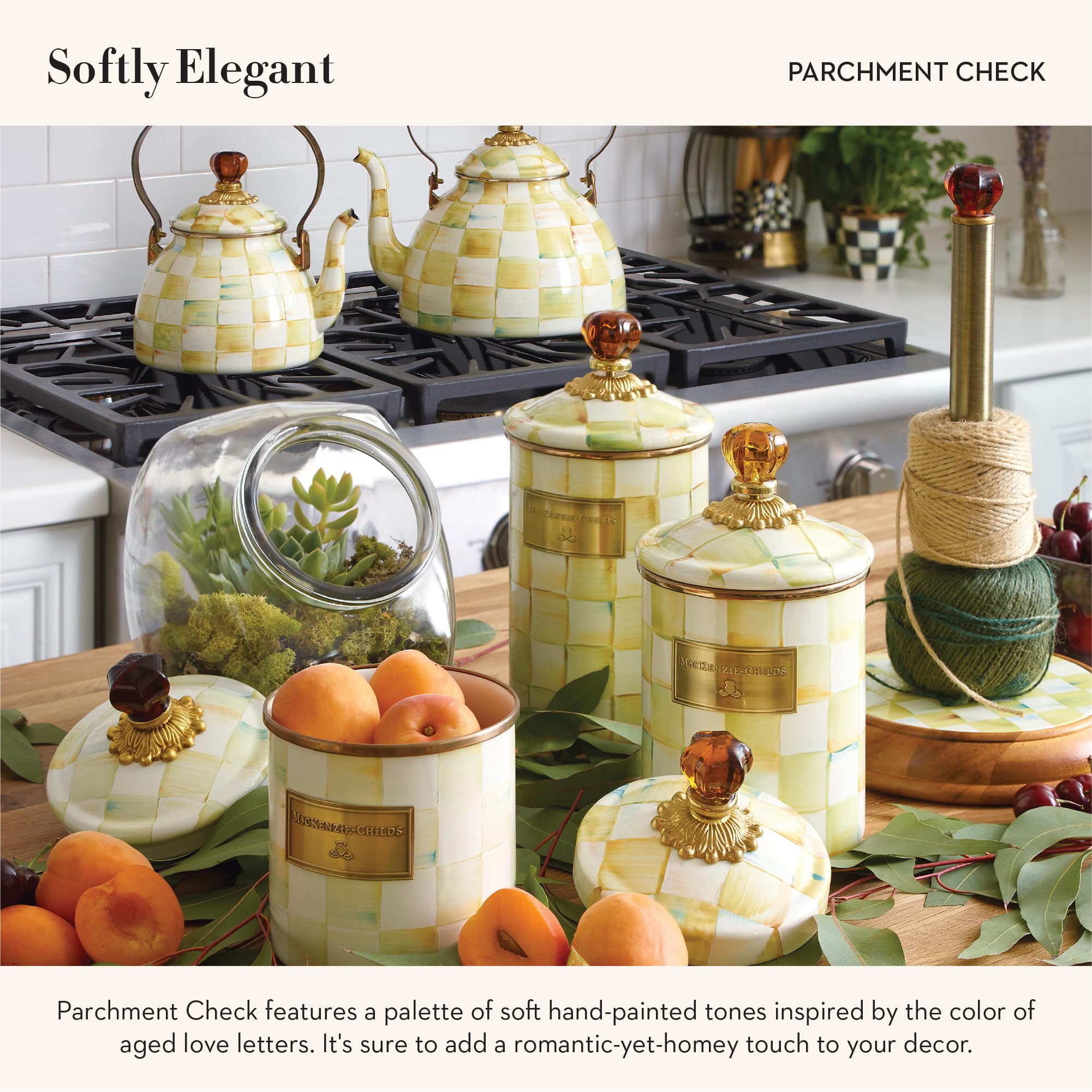 MACKENZIE-CHILDS Parchment Check Enamel Canister, Yellow-and-Cream Kitchen Storage Container with Lid, Small