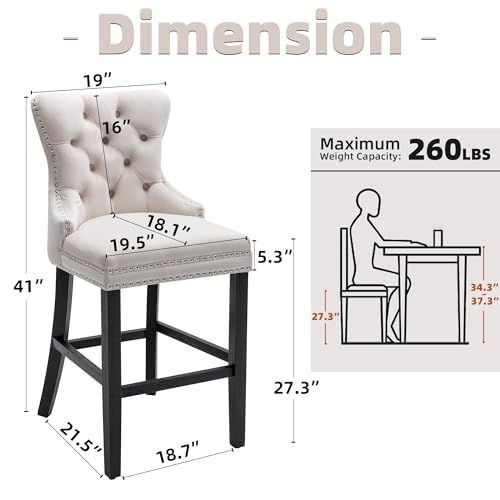 GOOLON Bar Stools Set of 2, Velvet 26 Inch Seat Height Counter Height Barstools with Back, Rivet Trim Bar Chairs for Kitchen Island Metal Pull Ring Wood Legs, Beige