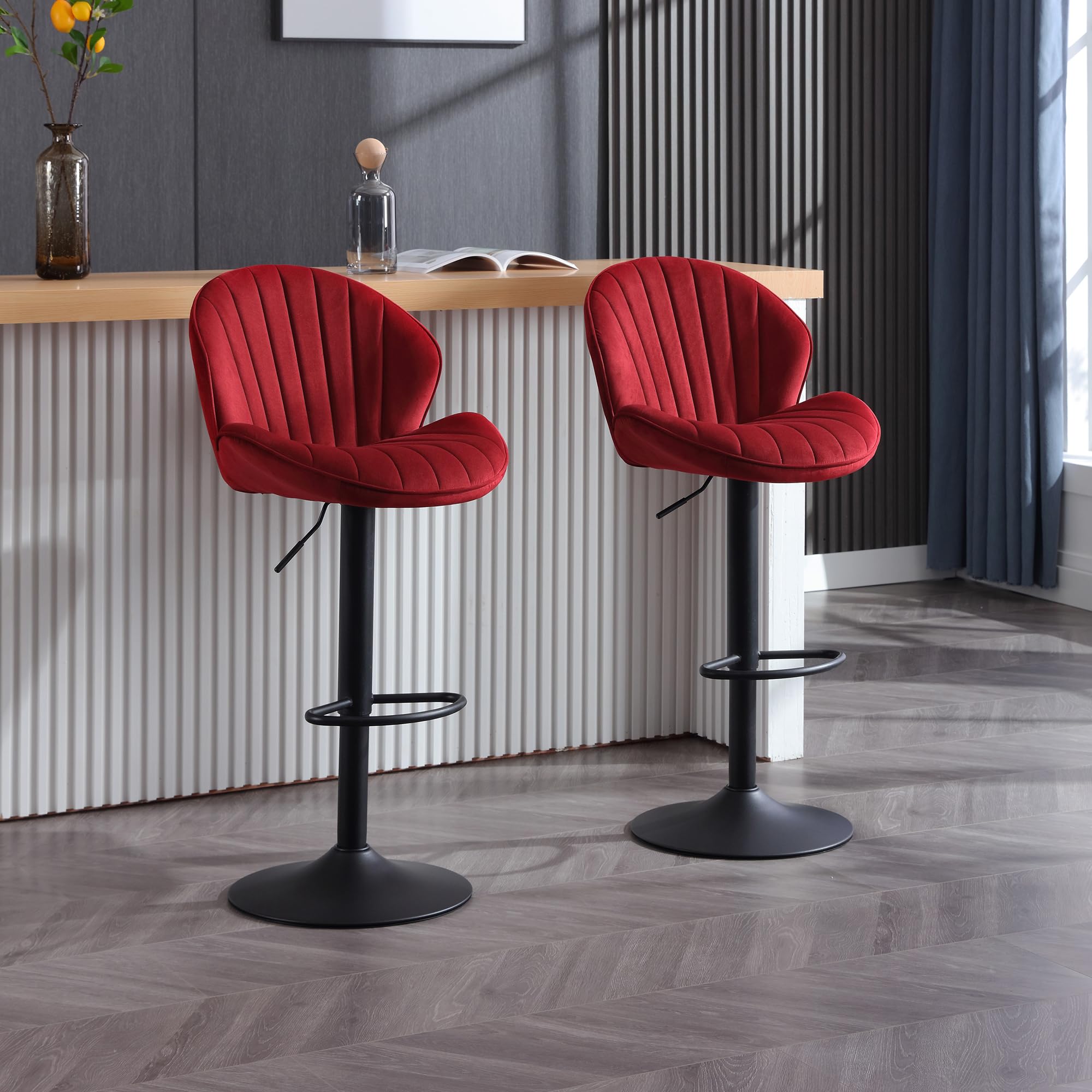 SZLIZCCC Shell Barstools Set of 2, Black Chassis Adjustable Swivel Bar Stool, Velvet Mid Back Bar Chair,Kitchen Counter Stool (Red)