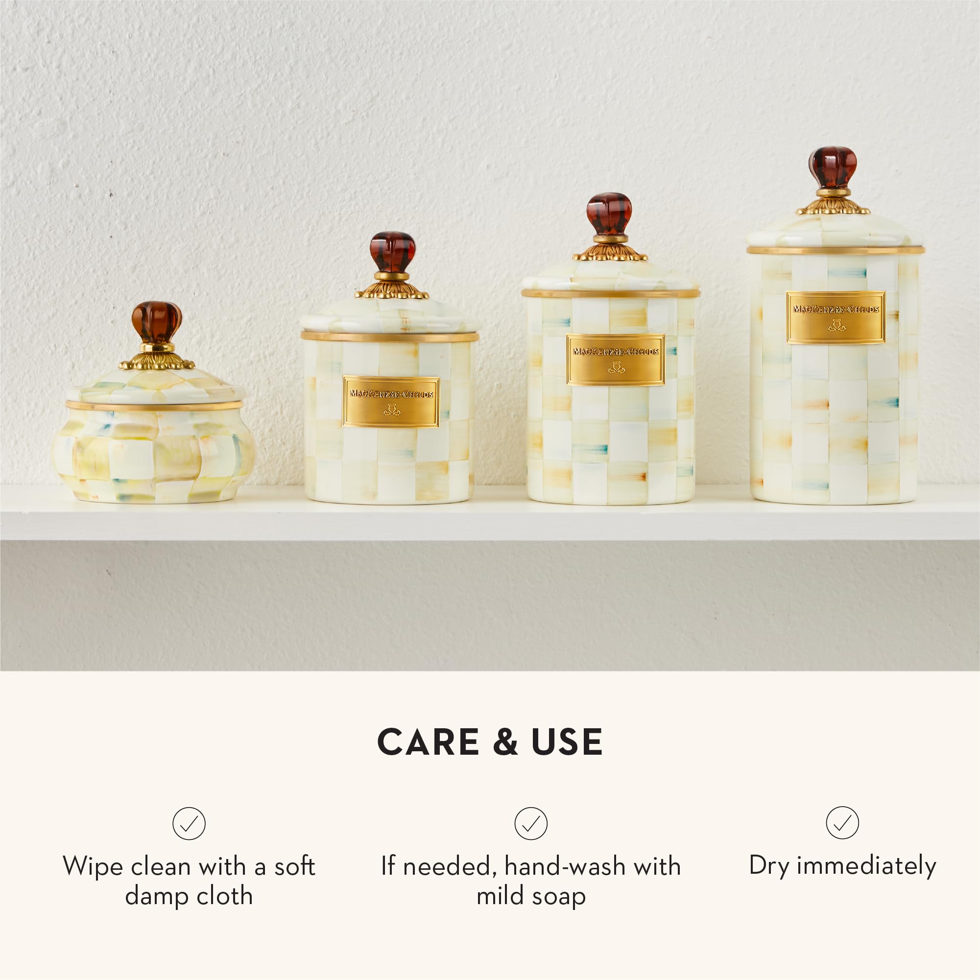 MACKENZIE-CHILDS Parchment Check Enamel Canister, Yellow-and-Cream Kitchen Storage Container with Lid, Small