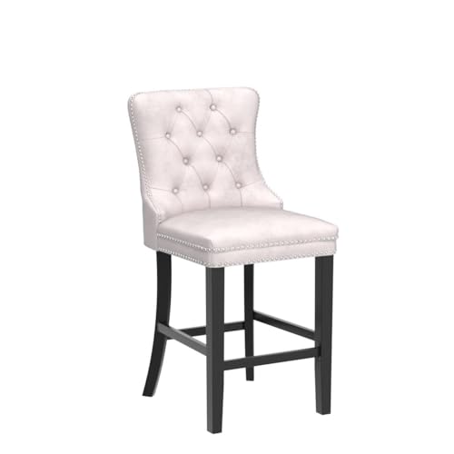 GOOLON Bar Stools Set of 2, Velvet 26 Inch Seat Height Counter Height Barstools with Back, Rivet Trim Bar Chairs for Kitchen Island Metal Pull Ring Wood Legs, Beige