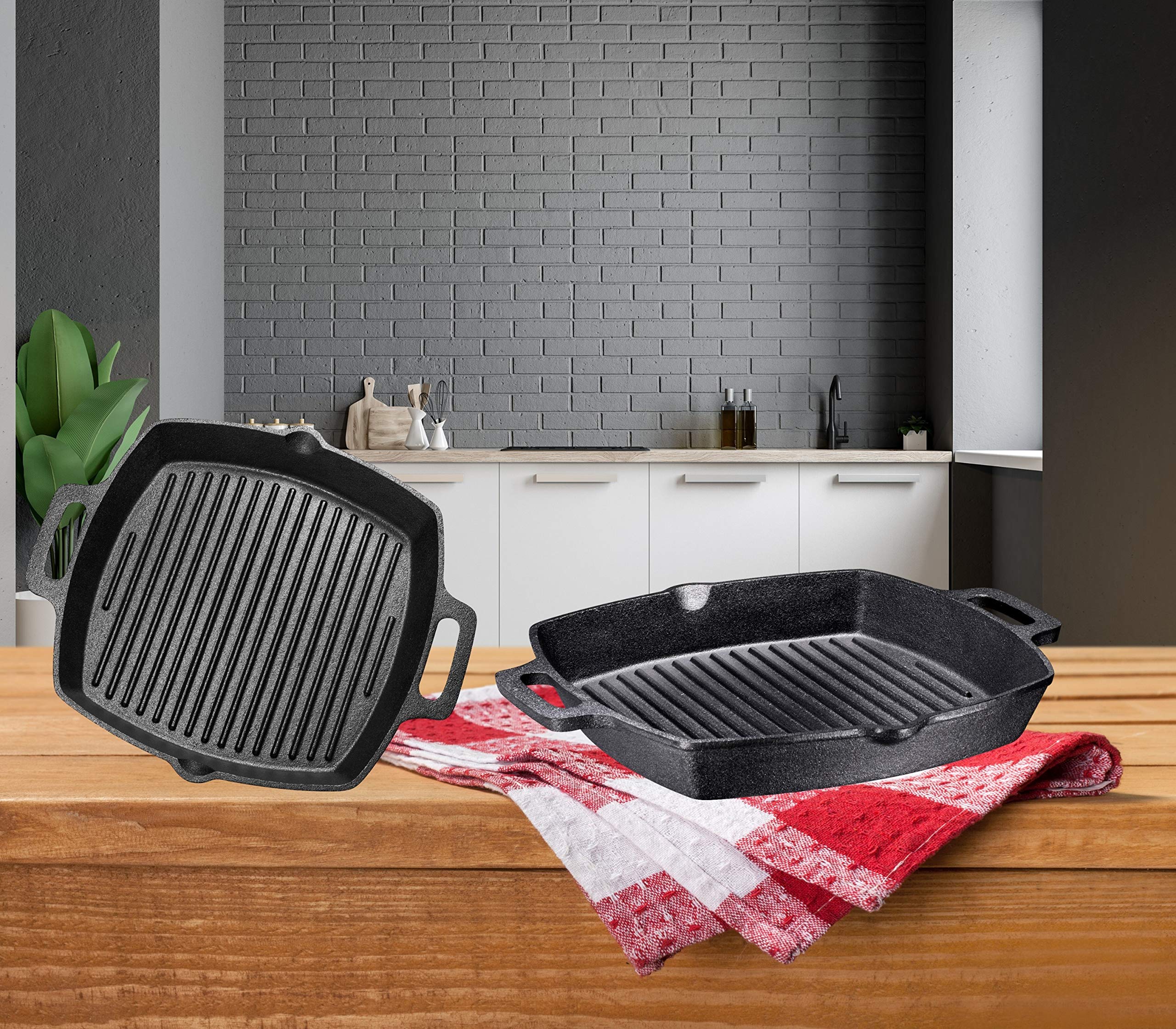 Bruntmor 13-Inch Cast Iron Grill Pan Pre-Seasoned Cast Iron Pan for Stovetop and Outdoor Use - Induction Compatible Griddle Cookware with Ridges for Steak, Meats, and Vegetables