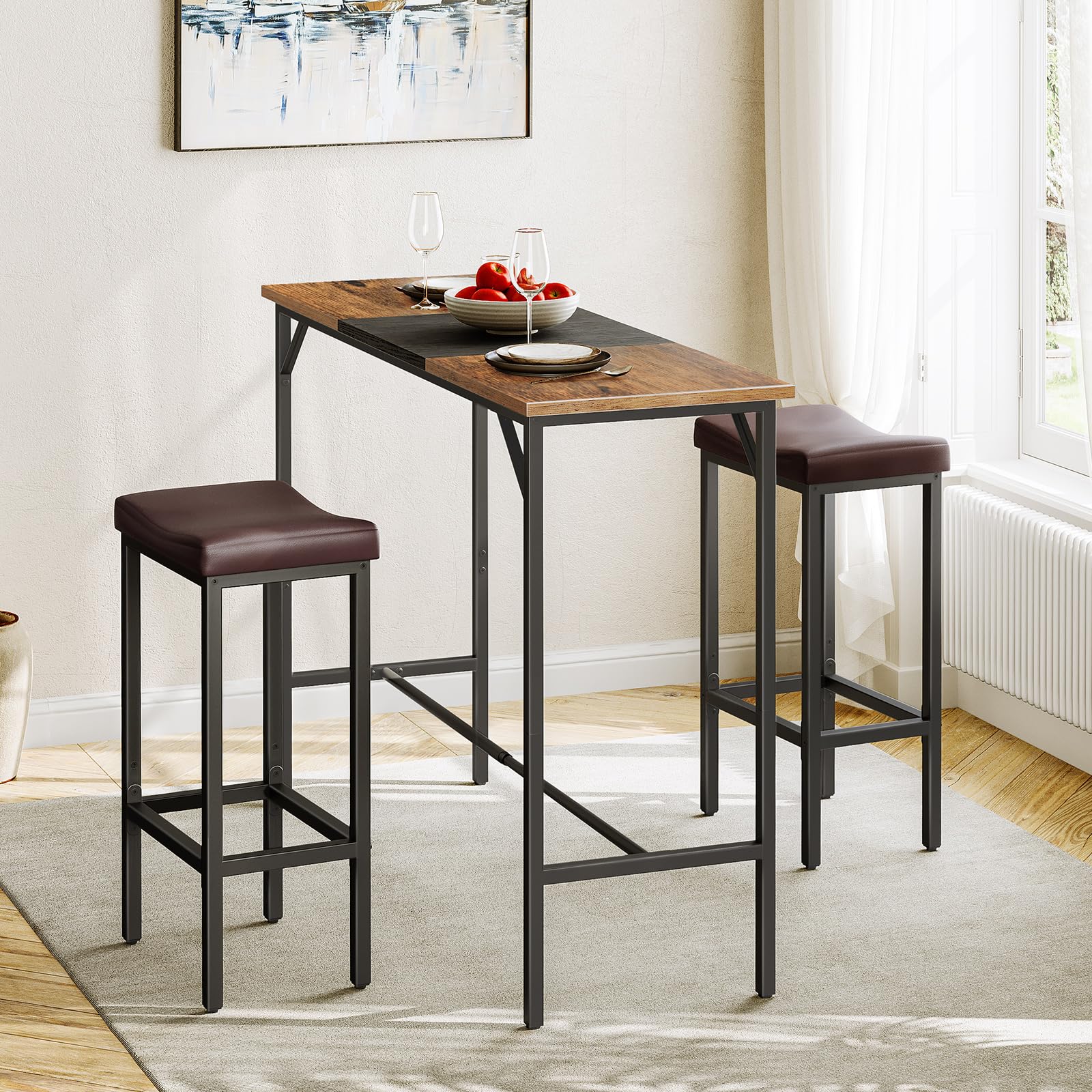 HOOBRO Bar Chairs, Set of 2 Counter Height Saddle Stools with Curved Surface, 24.8 Inches, 2.4" Thick Upholstery, for Kitchen and Dining Room, Brown and Black BC10BY01