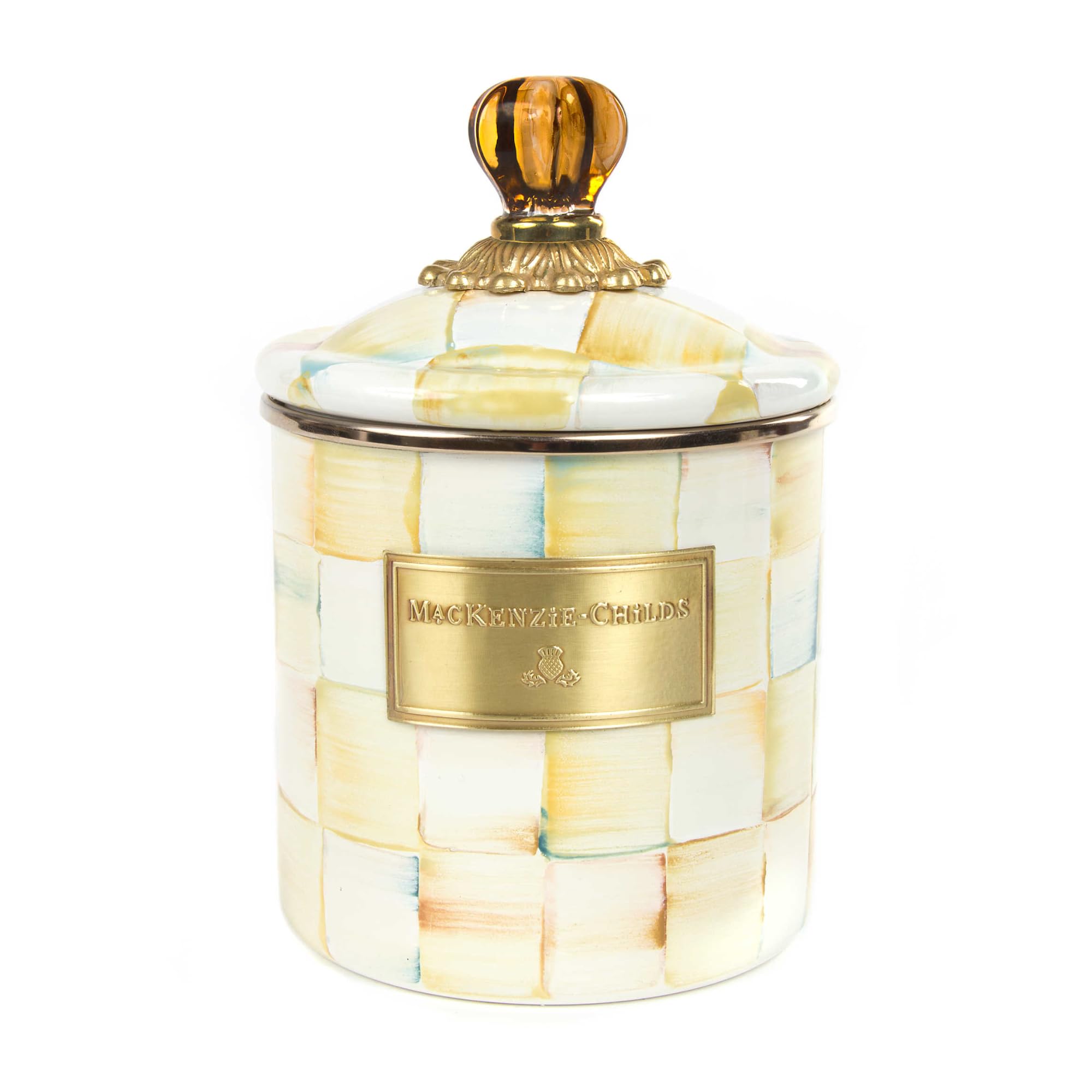 MACKENZIE-CHILDS Parchment Check Enamel Canister, Yellow-and-Cream Kitchen Storage Container with Lid, Small