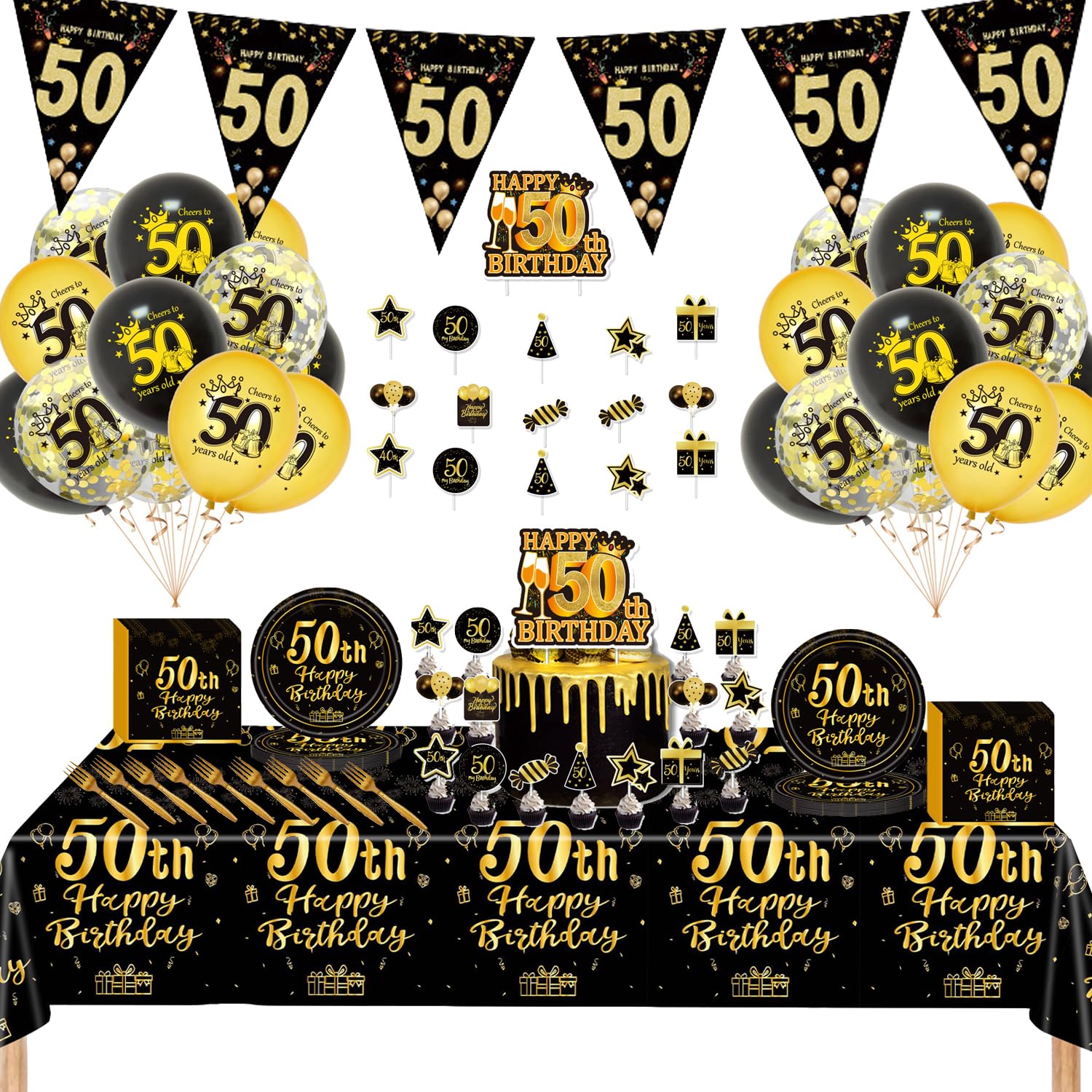 Augweyang 50th Birthday Party Decorations Supplies Tableware Set for Men Women Including 16 Plates 20 Napkins 1 Tablecloth 1 Banner 16 Forks 15 Balloons 16 Cupcake Toppers Serve 16