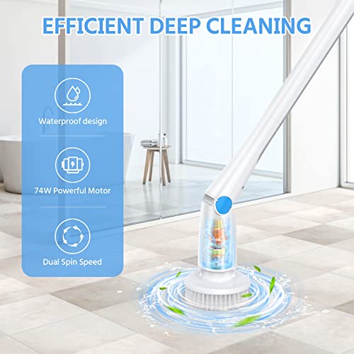 Electric Spin Scrubber, AKKTOL Cordless Cleaning Brush Up to 300RPM, 6 Replaceable Waterproof Brush Heads and Extension Arm, 1.5H Runtime Power Shower Scrubber for Bathroom, Tub, Tile, Floor, Wall