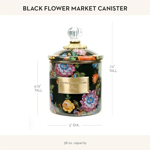 MACKENZIE-CHILDS Black Flower Market Enamel Canister, Floral Kitchen Storage Container with Lid, Small