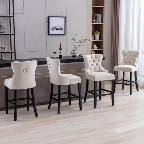 GOOLON Bar Stools Set of 2, Velvet 26 Inch Seat Height Counter Height Barstools with Back, Rivet Trim Bar Chairs for Kitchen Island Metal Pull Ring Wood Legs, Beige