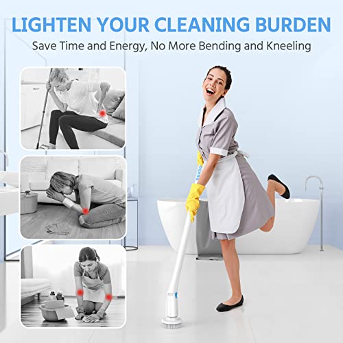 Electric Spin Scrubber, AKKTOL Cordless Cleaning Brush Up to 300RPM, 6 Replaceable Waterproof Brush Heads and Extension Arm, 1.5H Runtime Power Shower Scrubber for Bathroom, Tub, Tile, Floor, Wall