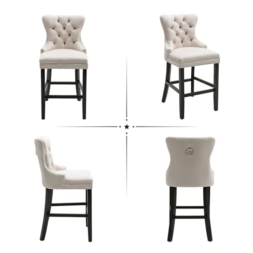GOOLON Bar Stools Set of 2, Velvet 26 Inch Seat Height Counter Height Barstools with Back, Rivet Trim Bar Chairs for Kitchen Island Metal Pull Ring Wood Legs, Beige