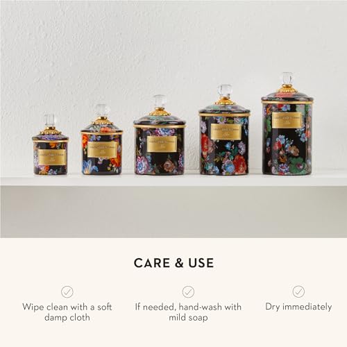 MACKENZIE-CHILDS Black Flower Market Enamel Canister, Floral Kitchen Storage Container with Lid, Small