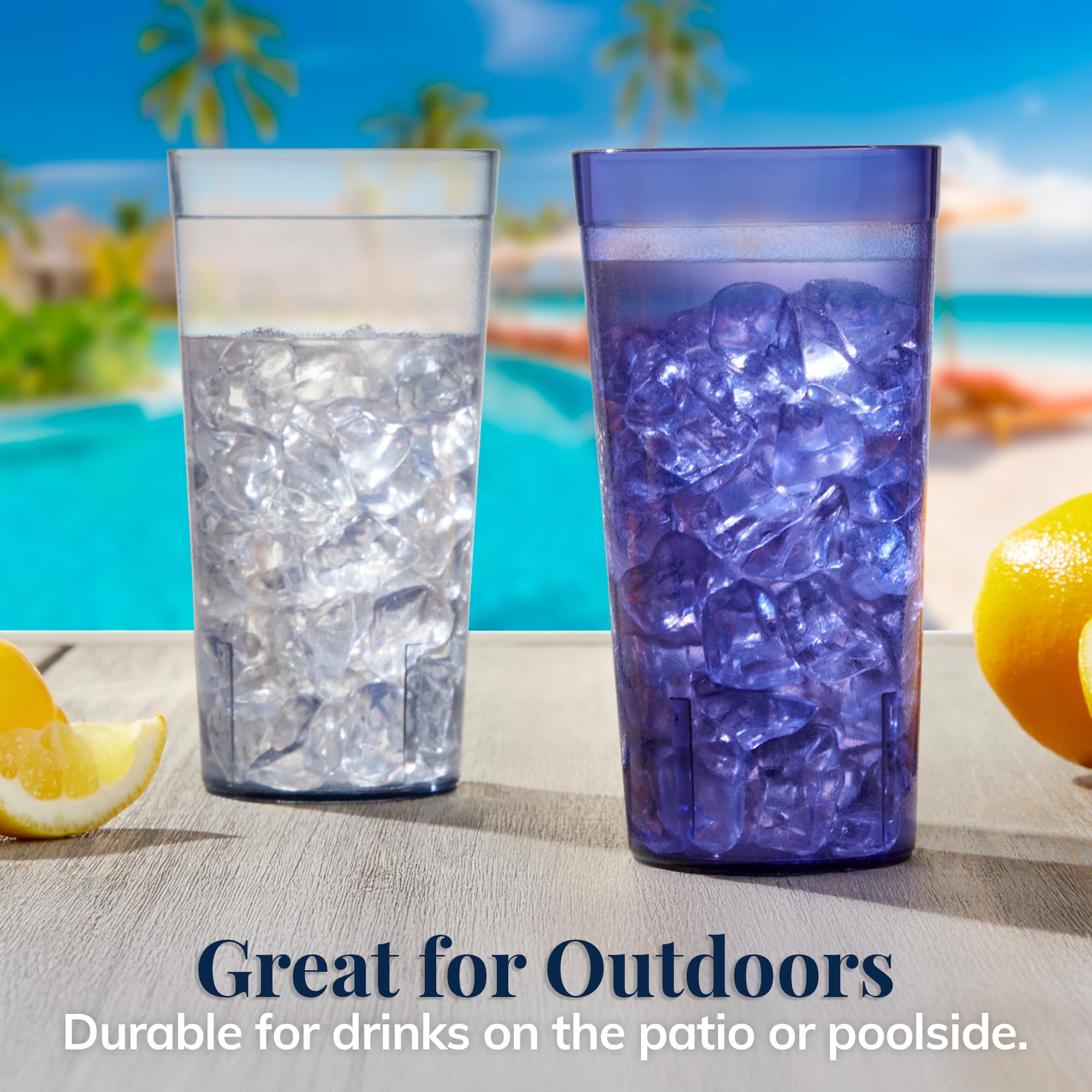 US Acrylic Café 20-ounce Plastic Restaurant Style Lightweight Stackable Beverage Tumblers | Reusable, BPA-free, Made in the USA, Top-rack Dishwasher Safe | Water Cups set of 16 in 4 Coastal Colors