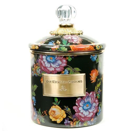 MACKENZIE-CHILDS Black Flower Market Enamel Canister, Floral Kitchen Storage Container with Lid, Small