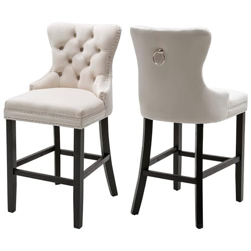 GOOLON Bar Stools Set of 2, Velvet 26 Inch Seat Height Counter Height Barstools with Back, Rivet Trim Bar Chairs for Kitchen Island Metal Pull Ring Wood Legs, Beige
