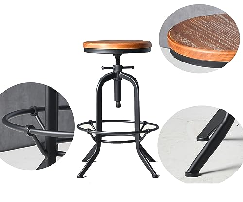 Lisuden Industrial Farmhouse Bar Stools Set of 2, Black Metal Base, Wood Seat, Adjustable Height 24.8-30"