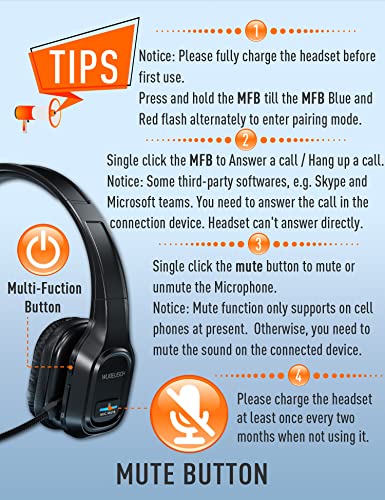 WUGEUSCH Wireless Headset with Microphone -Noise Canceling Headphones with Mic -Bluetooth On-Ear Earphones for Trucker, Office Work, Video Calling, Call Center -32H Talk Time, Clear Audio Transmission