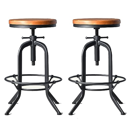 Lisuden Industrial Farmhouse Bar Stools Set of 2, Black Metal Base, Wood Seat, Adjustable Height 24.8-30"