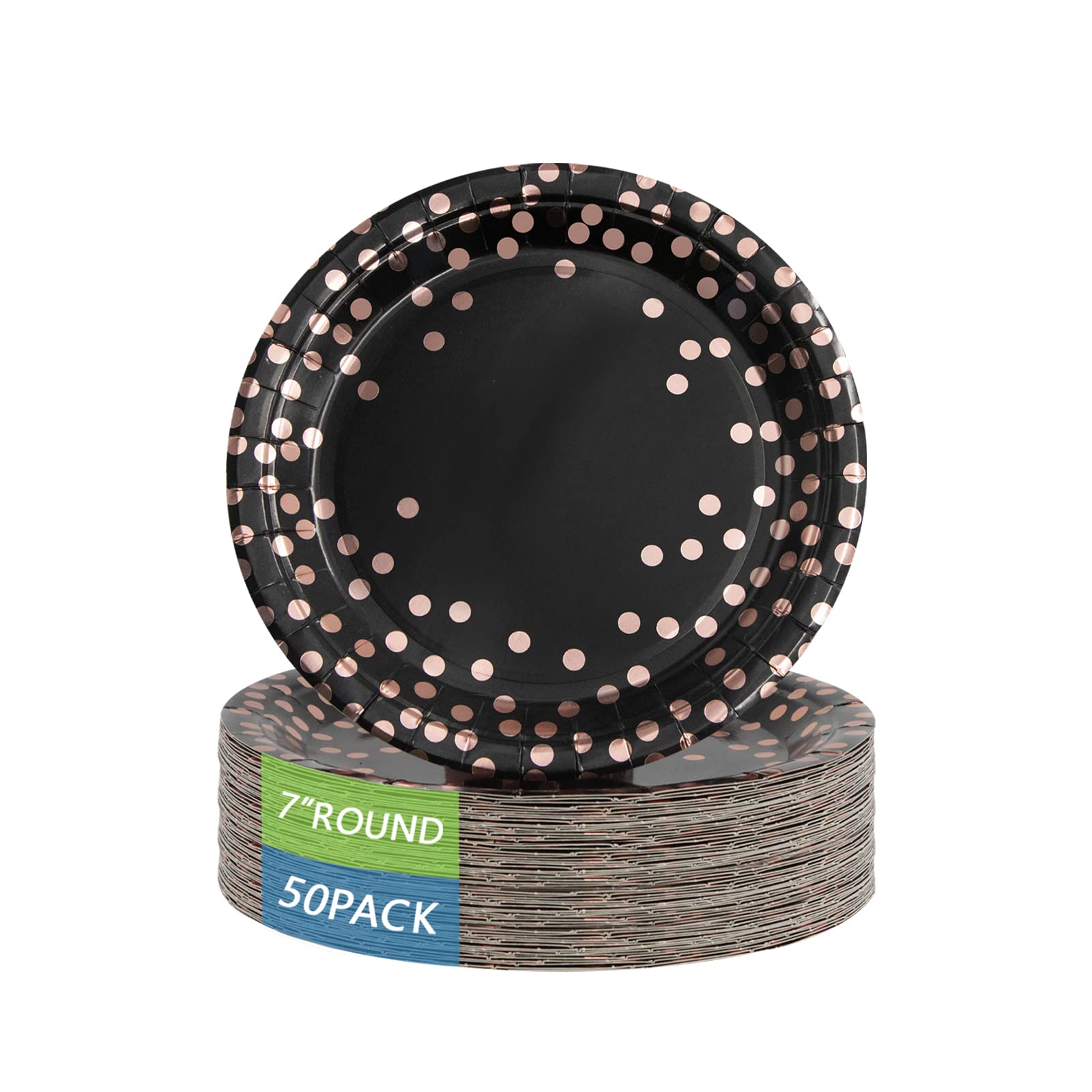 Disposable Paper Plates Round Black and Rose Gold Dots 50 x 7" Plates,Black and Rose Gold Plates Foil Polka Dots Paper Plates Party Supplies for All Occasions 50 PCS