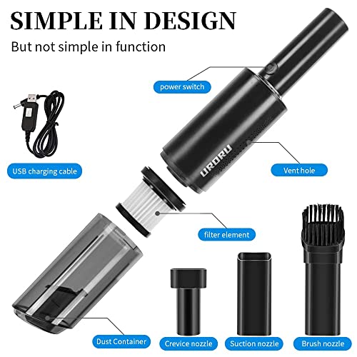 URORU Portable Mini Auto Vacuum Cleaner, Wireless Handheld Car Vacuum Cleaner, 6000 Pa Super Suction Power, Wireless, High Power and Quick Charge Tech, Rechargeable for Home, Car, Office⦠(Black)