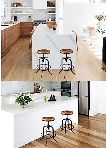 Lisuden Industrial Farmhouse Bar Stools Set of 2, Black Metal Base, Wood Seat, Adjustable Height 24.8-30"