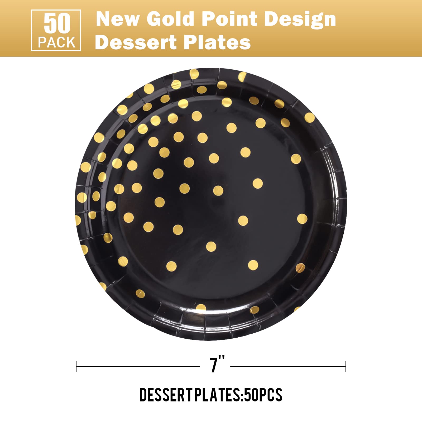 CENLBJ Black and Gold Party Supplies, Black Paper Dessert Plates for Birthday Graduation (50-Count)