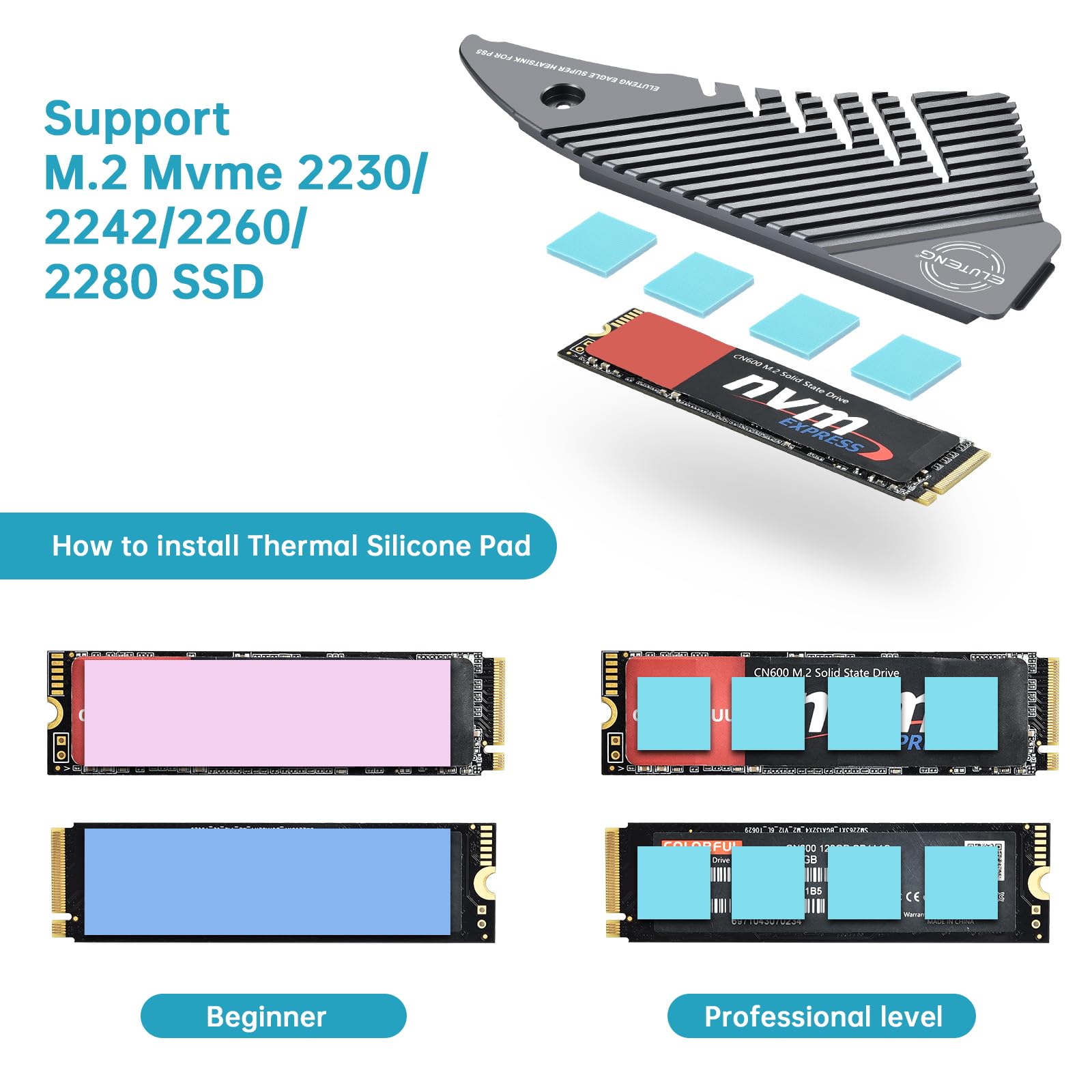 ELUTENG Heatsink SSD PS5 with 4 Thermal Pads PS5 SSD Heatsink Cover NVME PS5 2 in 1 Heatsink for PS5 Aluminum M.2 2280 SSD Cooling Mounting Post Kit Heat Sink for PS5 Computer Gaming PC Use(Black