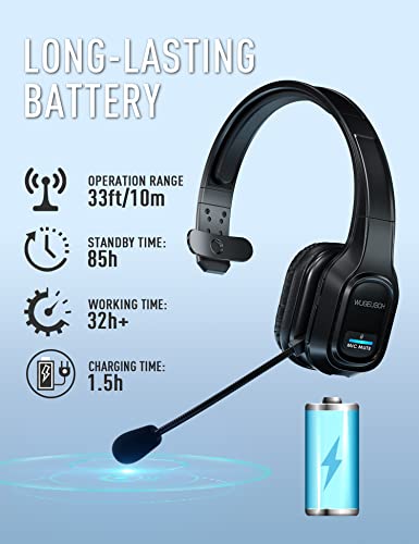 WUGEUSCH Wireless Headset with Microphone -Noise Canceling Headphones with Mic -Bluetooth On-Ear Earphones for Trucker, Office Work, Video Calling, Call Center -32H Talk Time, Clear Audio Transmission