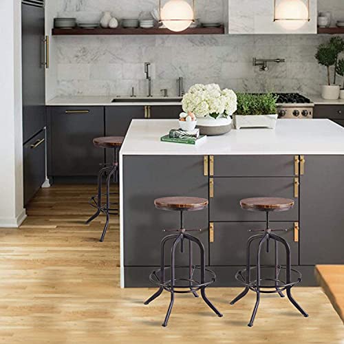 Lisuden Industrial Farmhouse Bar Stools Set of 2, Black Metal Base, Wood Seat, Adjustable Height 24.8-30"