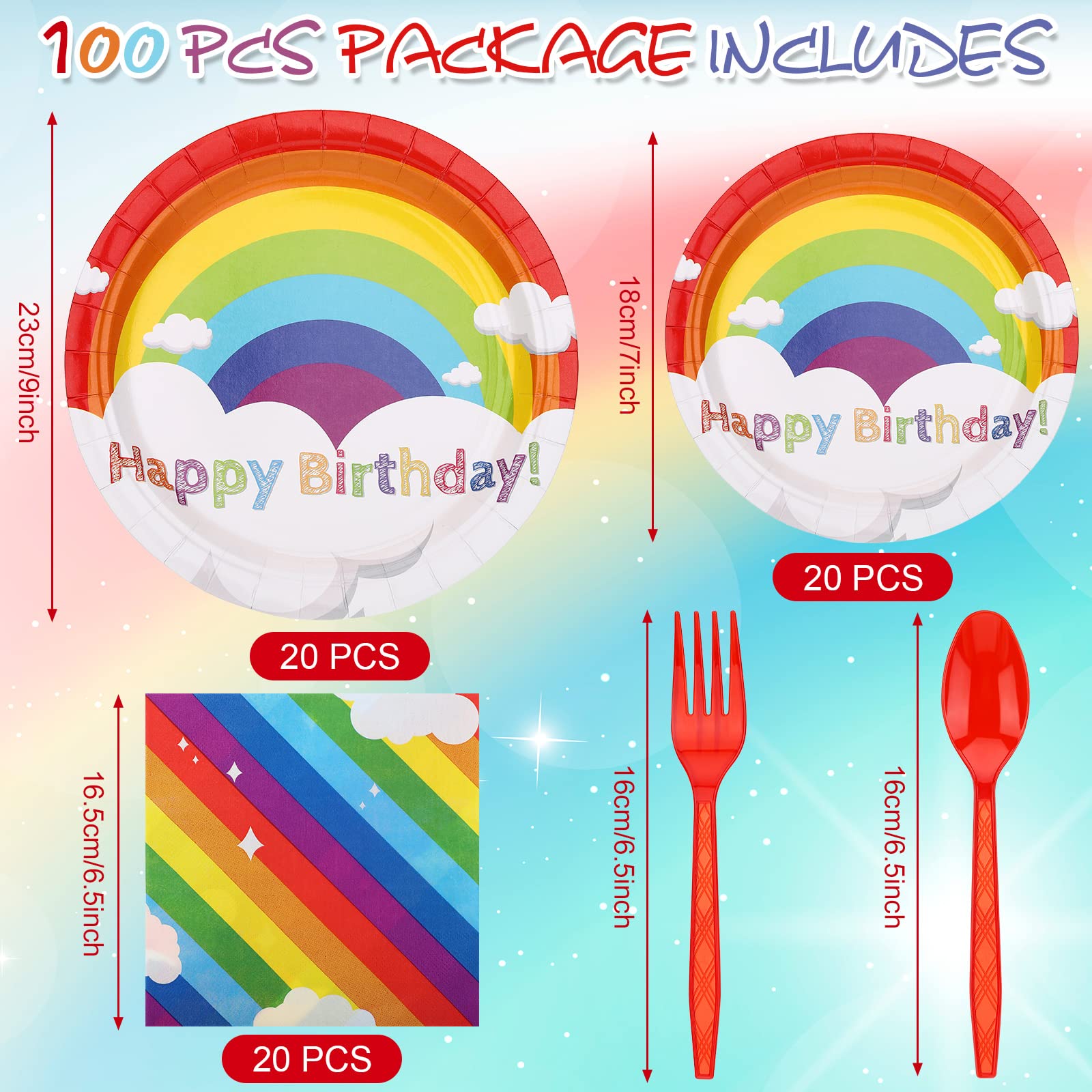 100 Pcs Rainbow Party Supplies Include 7 Inch Rainbow Party Plates 9 Inch Party Plates Napkins and Tableware Forks Spoons for 20 Guests Birthday Party Decorations(Rainbow Style)