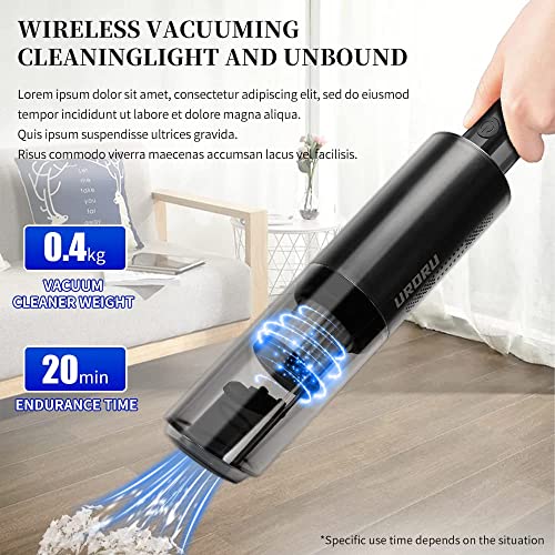 URORU Portable Mini Auto Vacuum Cleaner, Wireless Handheld Car Vacuum Cleaner, 6000 Pa Super Suction Power, Wireless, High Power and Quick Charge Tech, Rechargeable for Home, Car, Office⦠(Black)