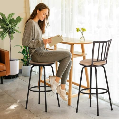 VECELO Barstools, Adjustable Counter Stools, Steel Bar Stools with 360 Degree Swivel Seat and Upholstered, Straight Line Backrest, 4 Packs