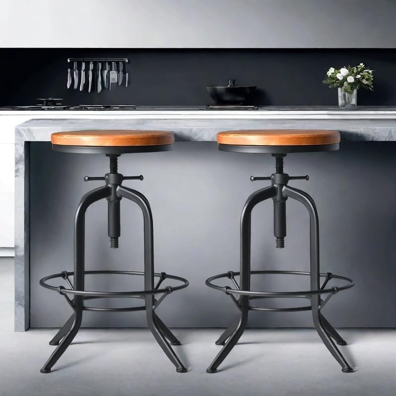 Lisuden Industrial Farmhouse Bar Stools Set of 2, Black Metal Base, Wood Seat, Adjustable Height 24.8-30"