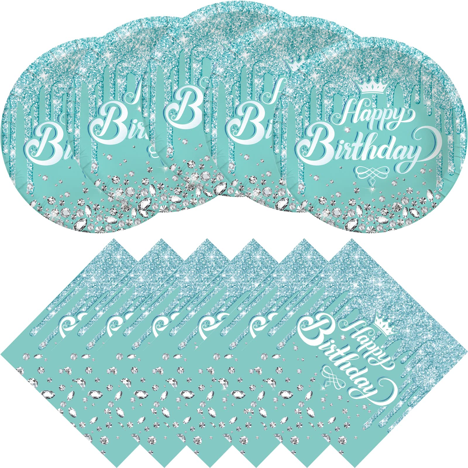 Teal and Silver Birthday Party Supplies, 20 Plates and 20 Napkins, Teal and Silver Theme Birthday Party Decorations for Kid Girls Women Silver Glitter Party Supplies