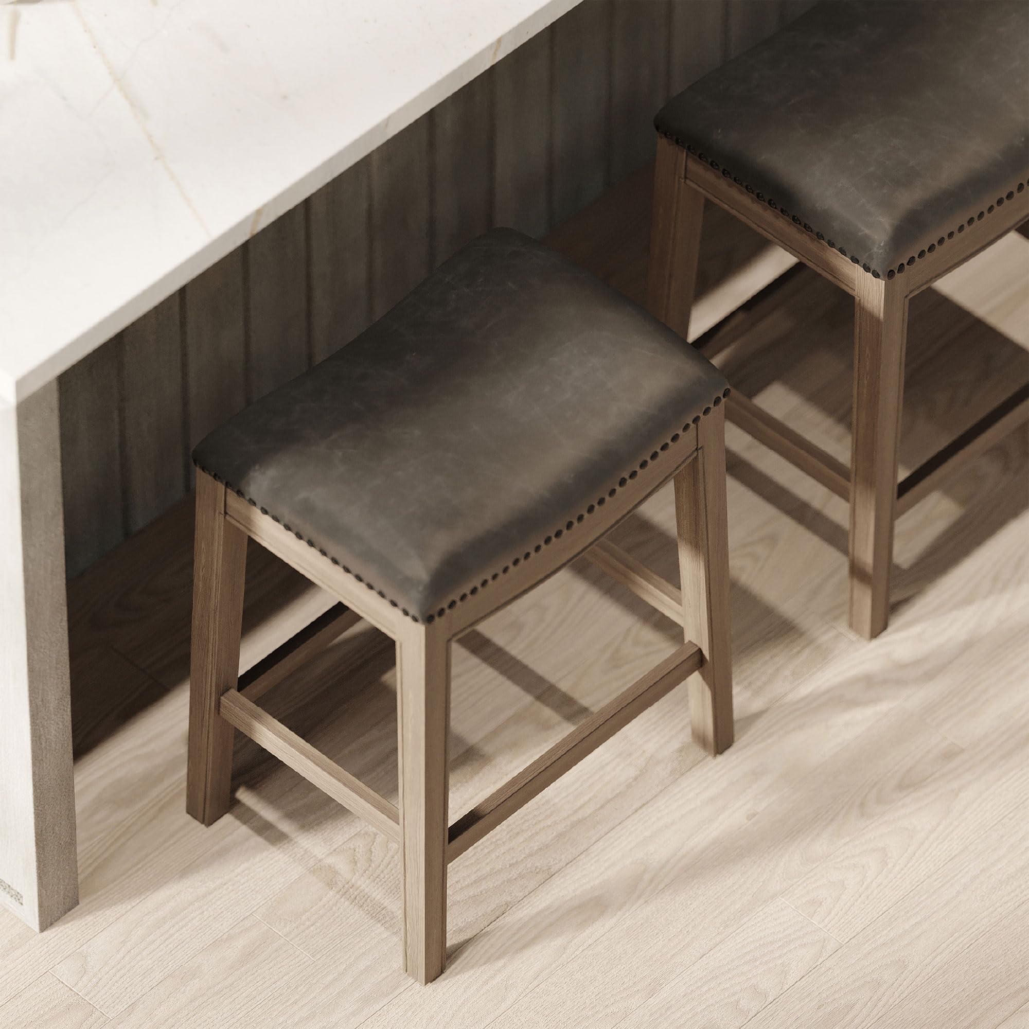 Maven Lane Adrien 26 Inch Counter Height Backless Saddle Barstool in Reclaimed Oak Finish with Ronan Stone Vegan Leather Cushion Seat