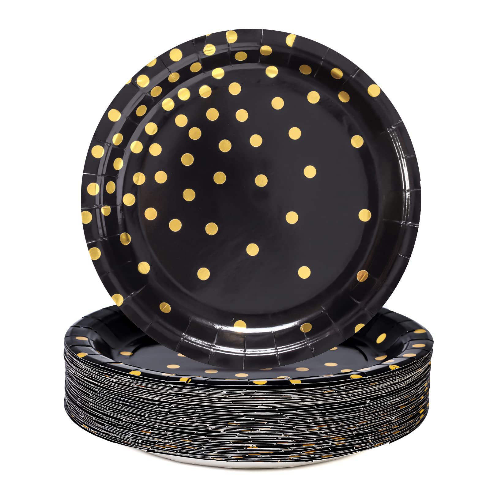 CENLBJ Black and Gold Party Supplies, Black Paper Dessert Plates for Birthday Graduation (50-Count)