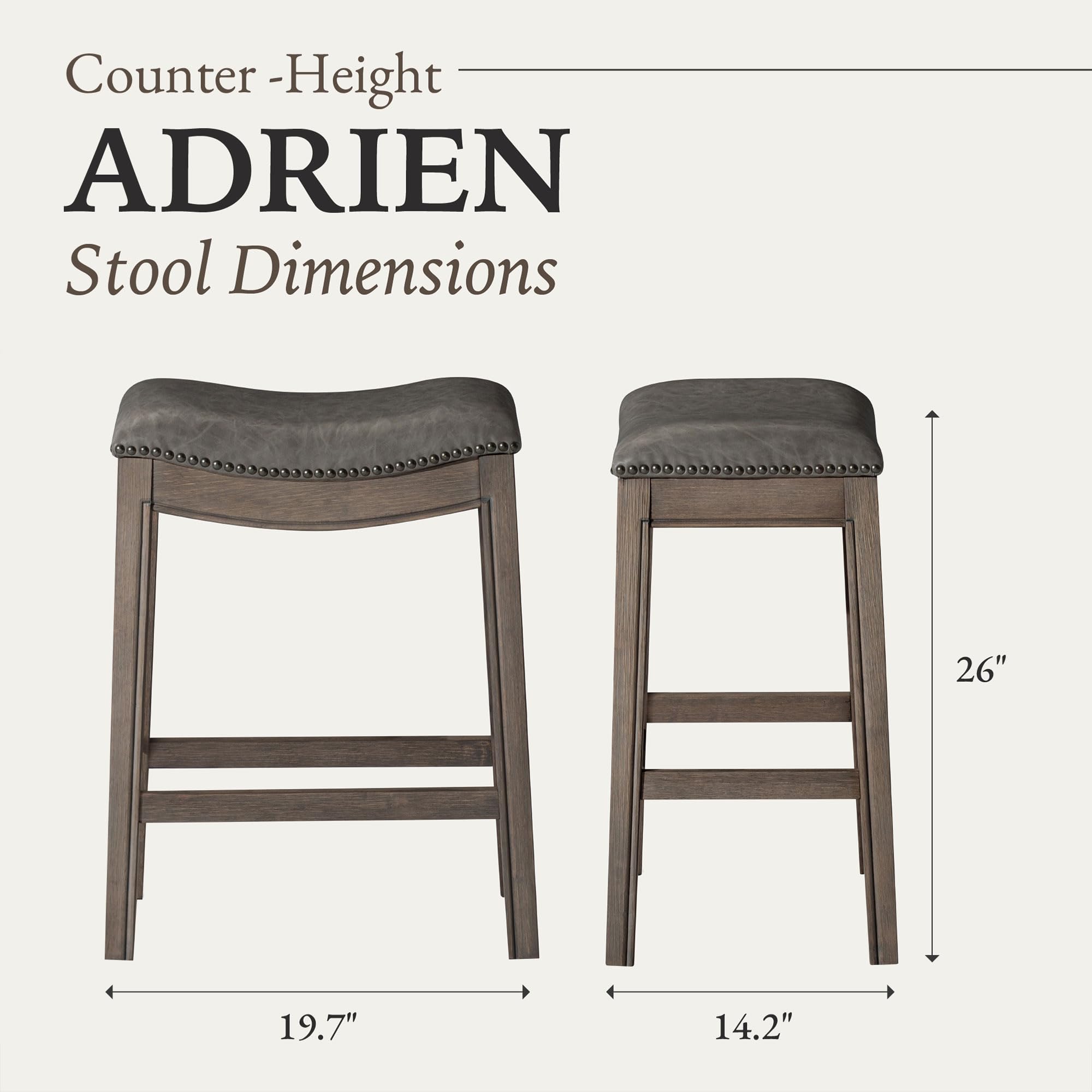 Maven Lane Adrien 26 Inch Counter Height Backless Saddle Barstool in Reclaimed Oak Finish with Ronan Stone Vegan Leather Cushion Seat