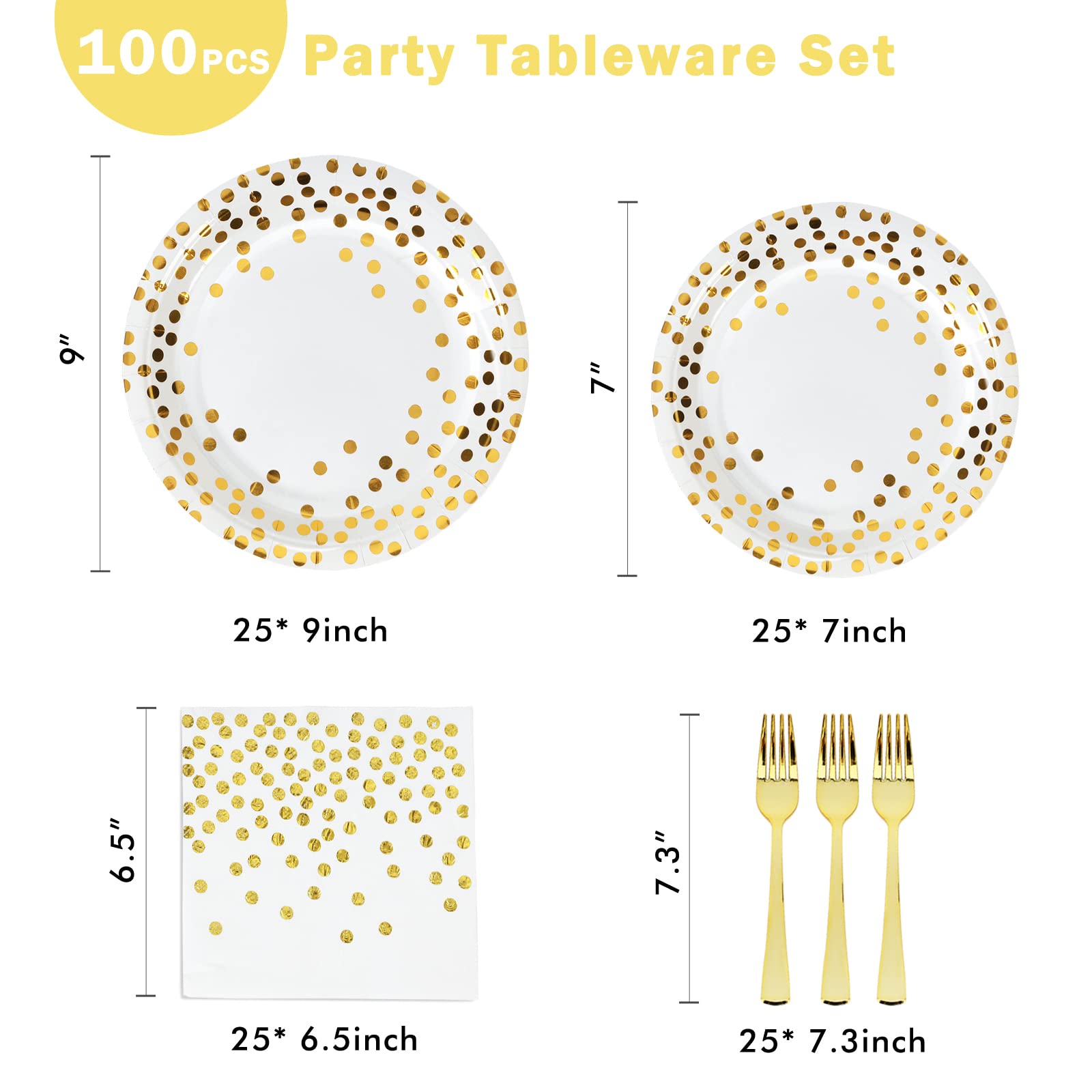 CENLBJ White and Gold Party Supplies,Disposable Party Dinnerware,Golden Dot Paper Plates,Napkins,Forks for Wedding,Birthday,Cocktail Party,Anniversaries,Engagements Serve 25