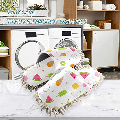Microfiber Cleaning Slippers Cute Tropical Fruits Washable Mop Shoes Slipper for Men/Women House Floor Dust Cleaner, Size M