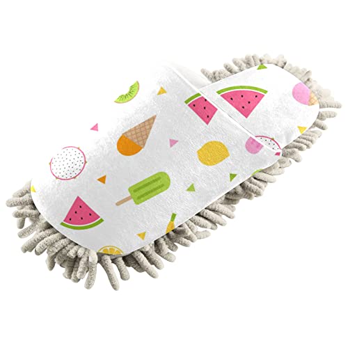 Microfiber Cleaning Slippers Cute Tropical Fruits Washable Mop Shoes Slipper for Men/Women House Floor Dust Cleaner, Size M