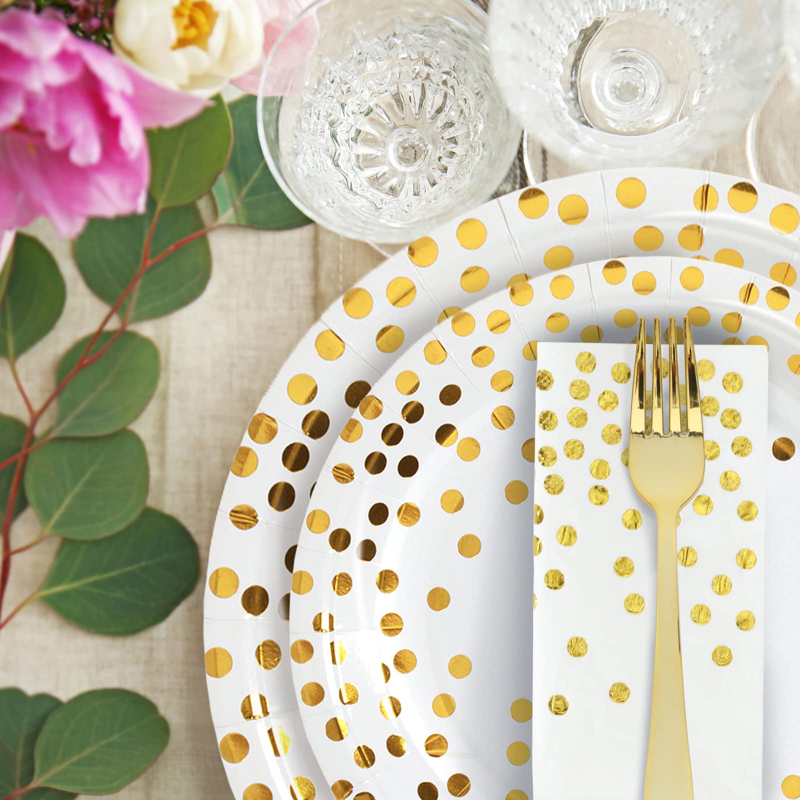 CENLBJ White and Gold Party Supplies,Disposable Party Dinnerware,Golden Dot Paper Plates,Napkins,Forks for Wedding,Birthday,Cocktail Party,Anniversaries,Engagements Serve 25