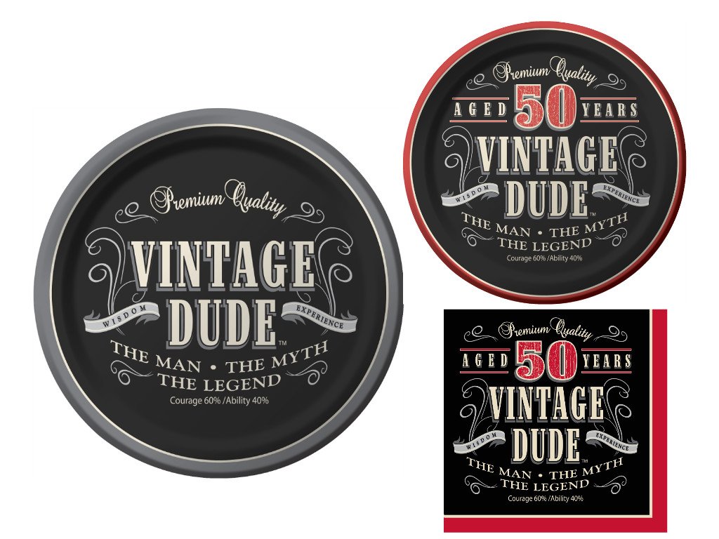 Vintage Dude 50th Birthday Party Supplies Bundle - 3 Items: Dinner Plates, Appetizer/Dessert Plates & Napkins