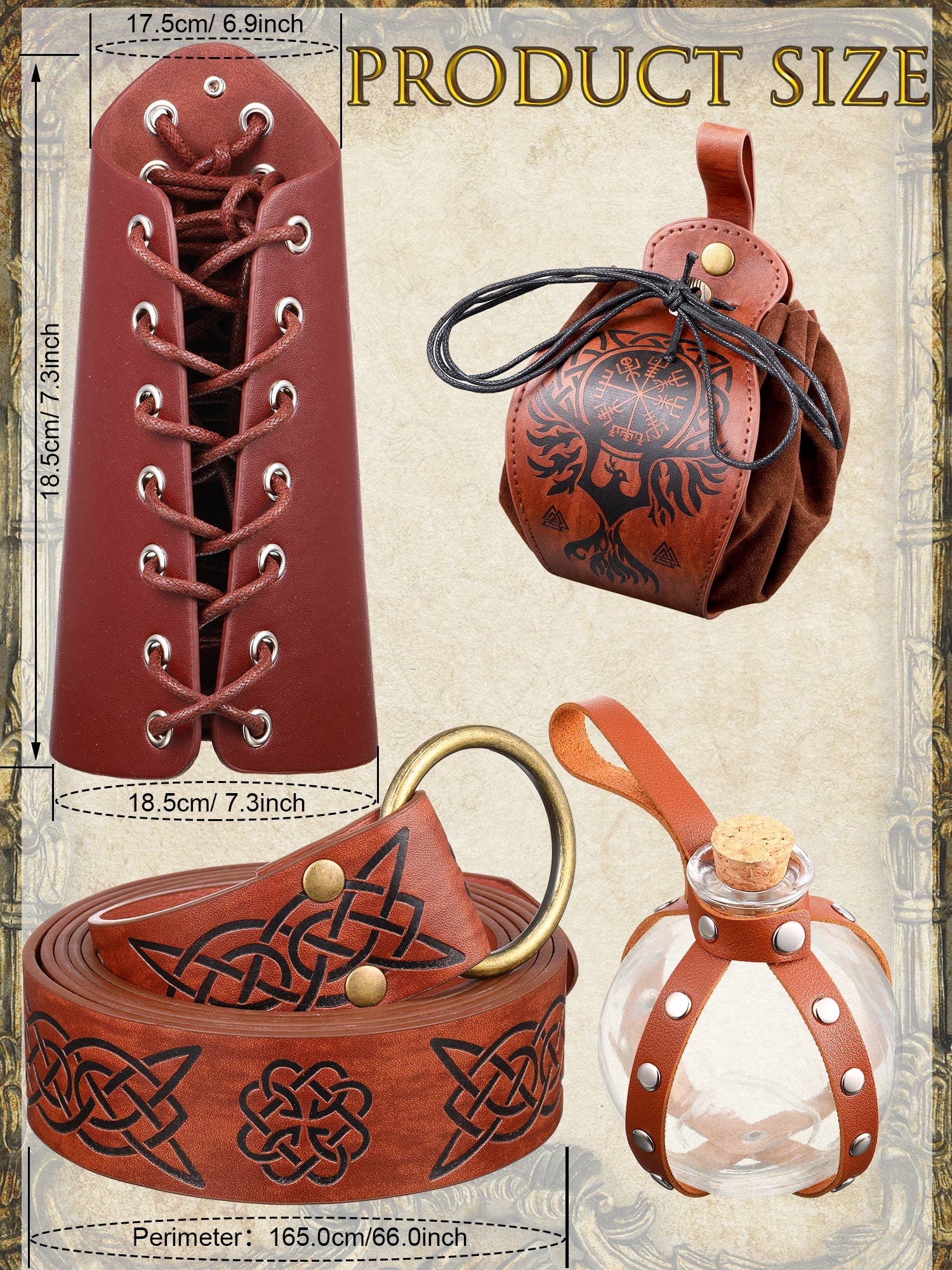 Medieval Faux Leather Set Adults Faux Leather Arm Guards Drawstring Faux Leather Pouch Halloween Dark Magic Cork Potion Bottle Knight Leather Belt Brown
