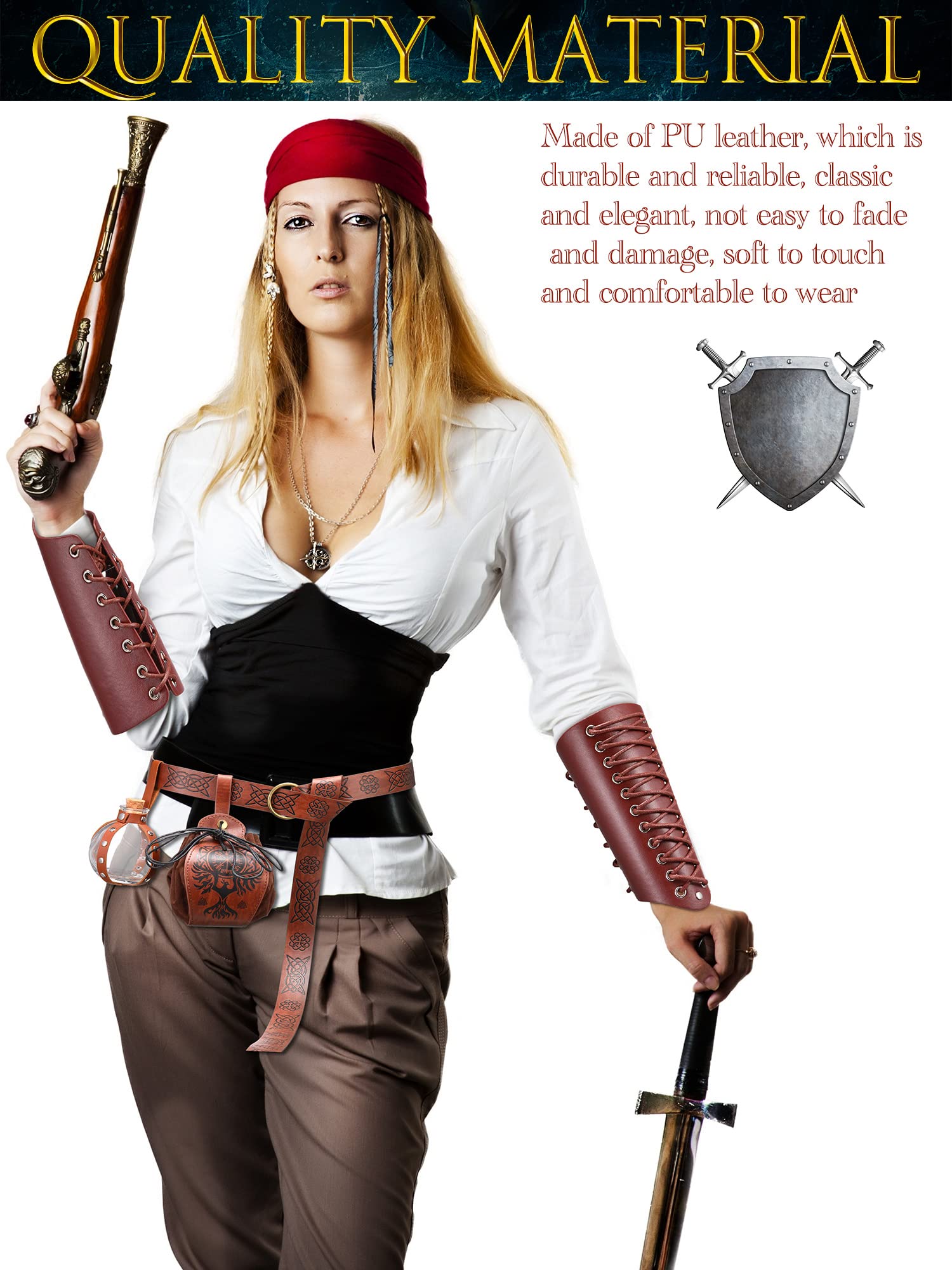 Medieval Faux Leather Set Adults Faux Leather Arm Guards Drawstring Faux Leather Pouch Halloween Dark Magic Cork Potion Bottle Knight Leather Belt Brown